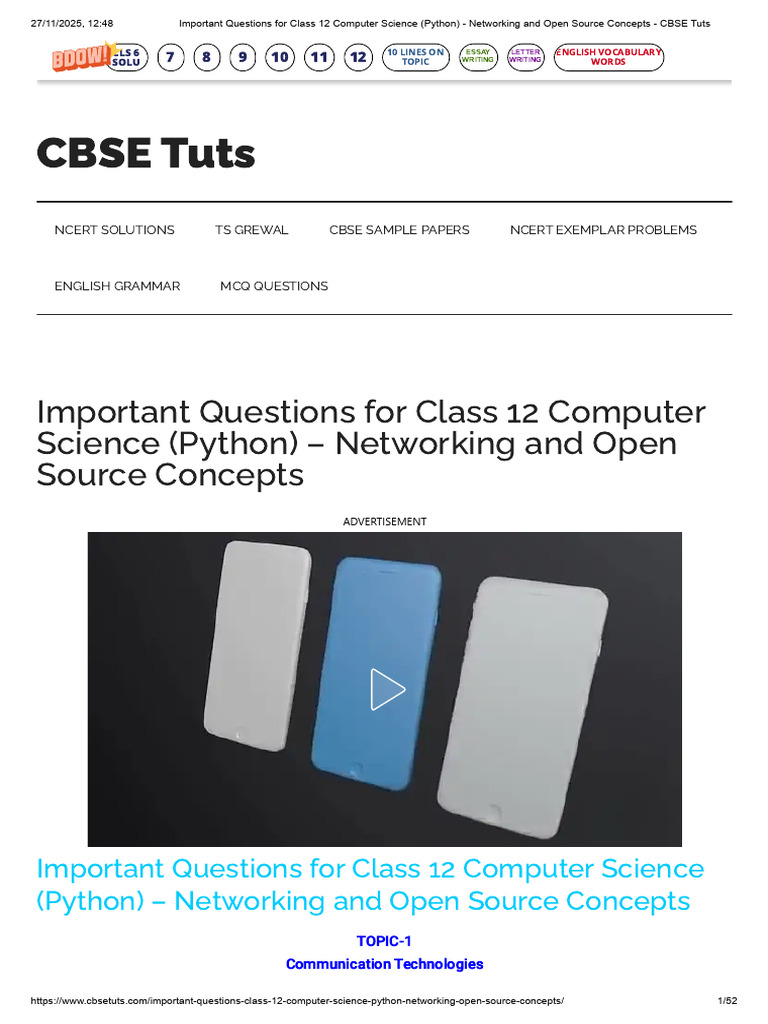 Important Questions For Class 12 Computer Science (Python) - Networking and Open Source Concepts ...