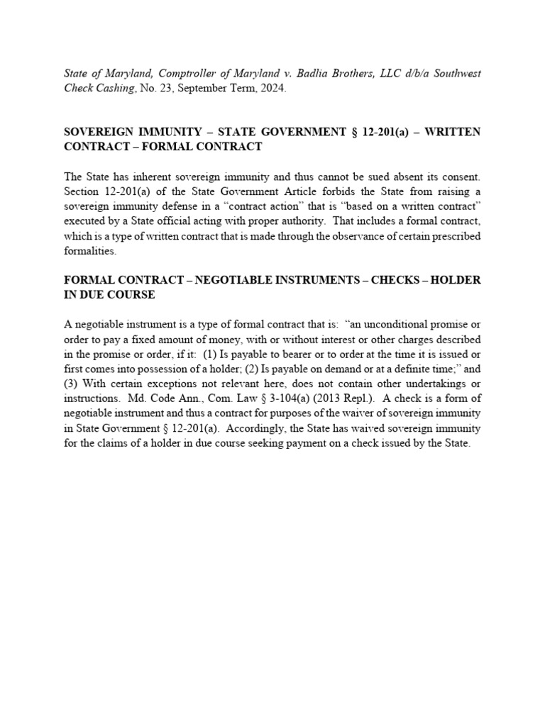 Sovereign Immunity - State Government 12-201 (A) - Written Contract ...