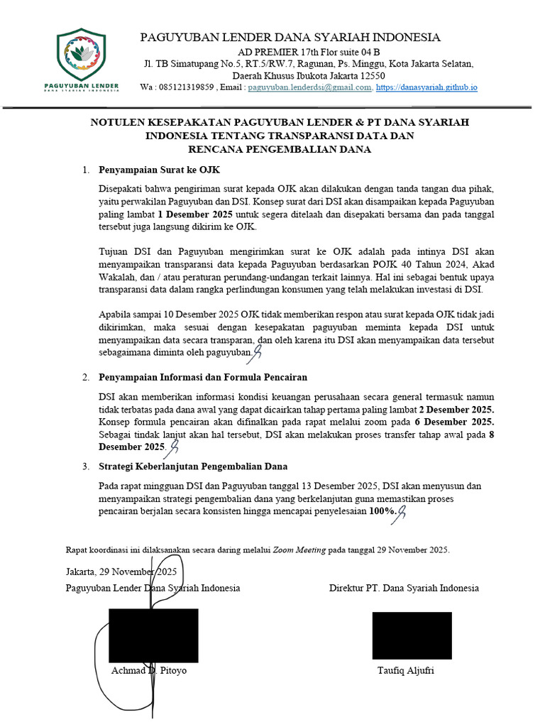 Notulen Kesepakatan Zoom Meeting Dsi X Paguyuban 29 Nov 25 TTD All | PDF