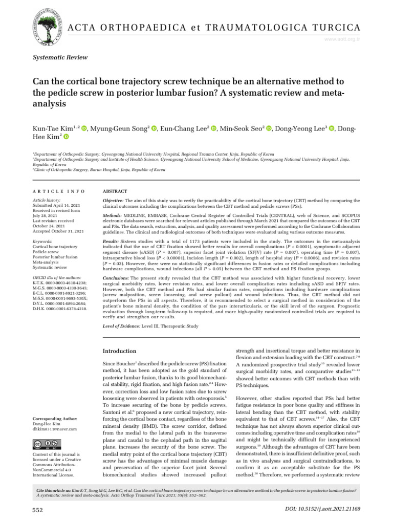 Can The Cortical Bone Trajectory Screw Technique Be An Alternative ...