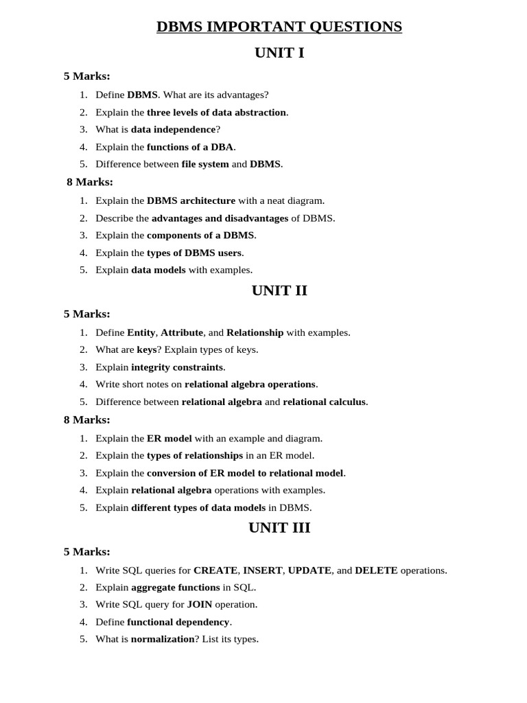 Dbms Important Questions | PDF | Pl/Sql | Databases