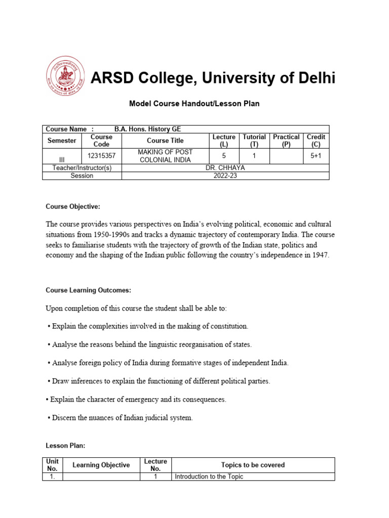 Post-Colonial India Course Overview | PDF | Indian National Congress ...