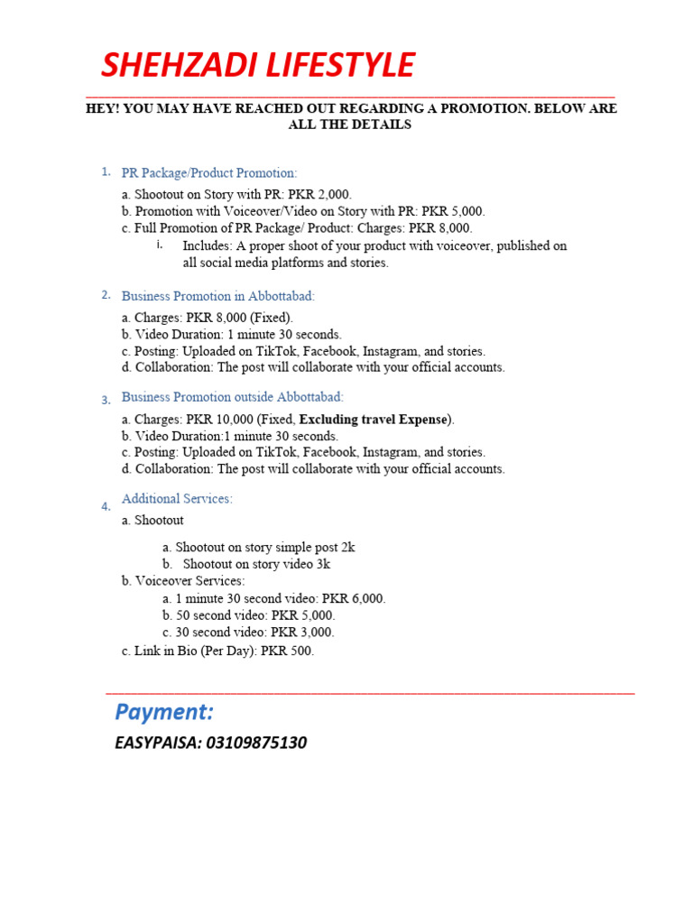 Shehzadi Lifestyle PR Promotion Packages | PDF | Chess | Chess Theory