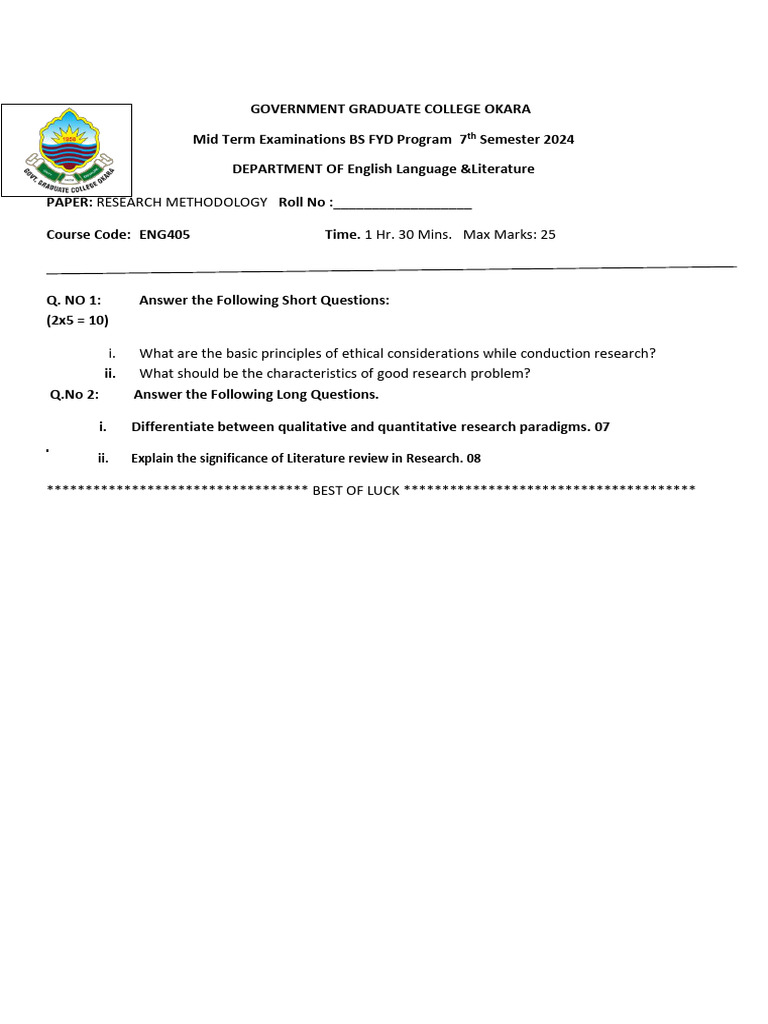 Research Methodology English 7th Semester | PDF