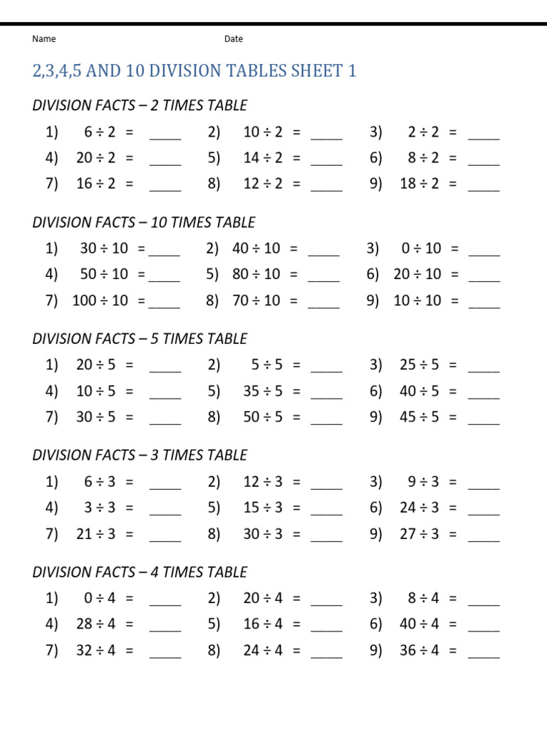Division Tables 2 3 4 5 and 10 1 Unlocked | PDF