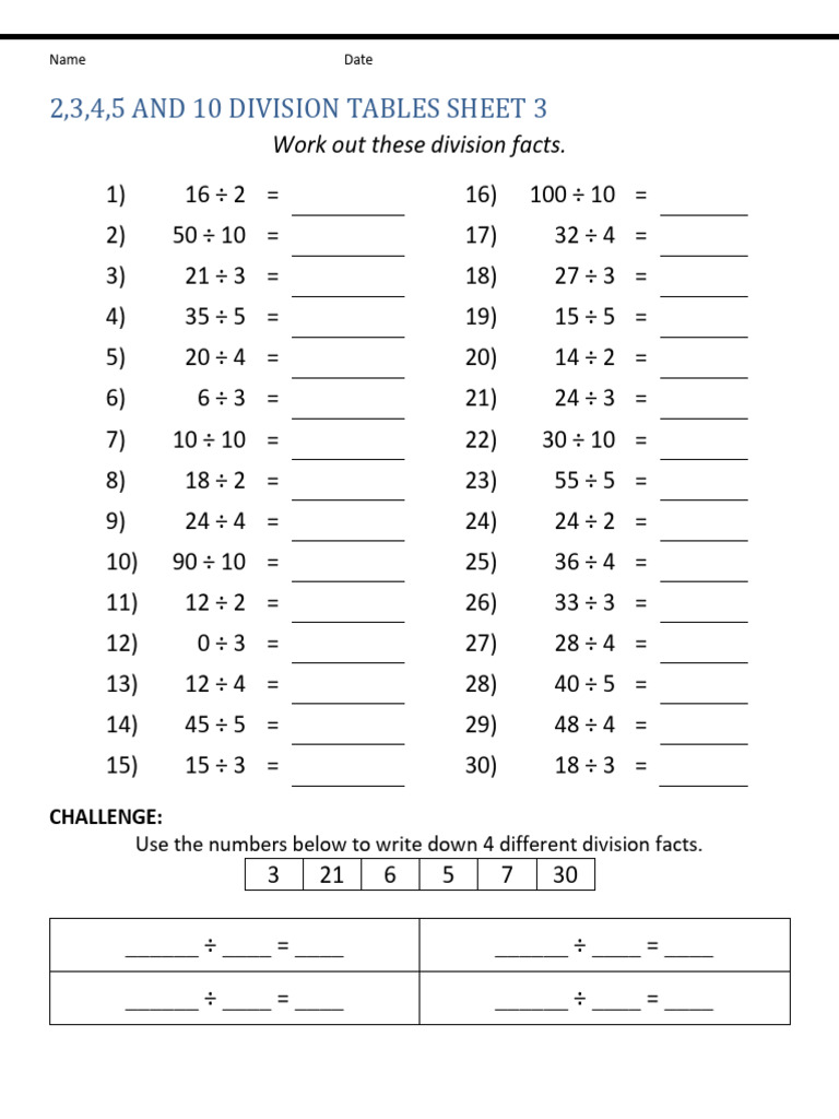 Division Tables 2 3 4 5 and 10 3 Unlocked | PDF