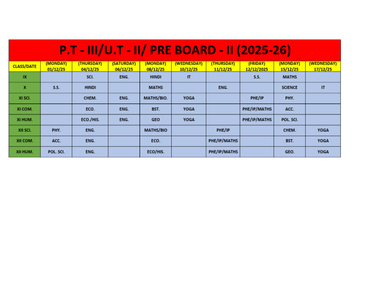 PT 3 & Ut 2 Pre Board Time Table | PDF