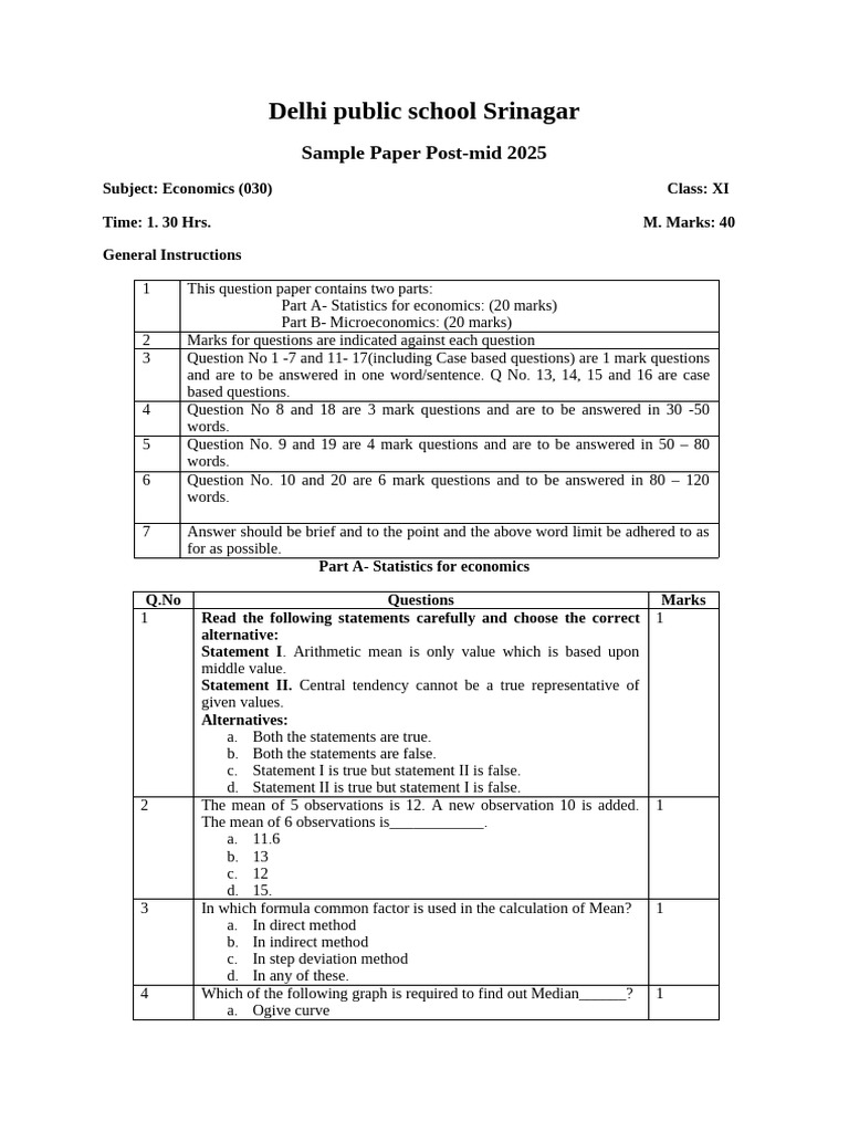 Economics Sample Paper Class XI 2025 | PDF | Supply (Economics ...