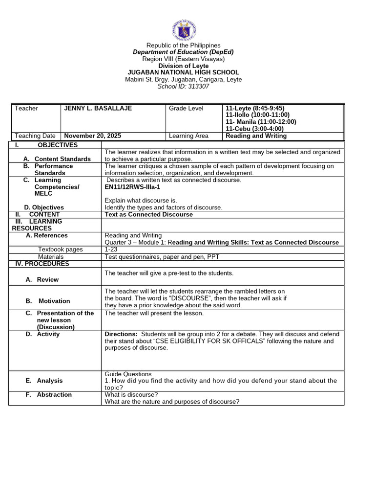 Reading and Writing: Discourse Lesson Plan | PDF | Teachers | Learning