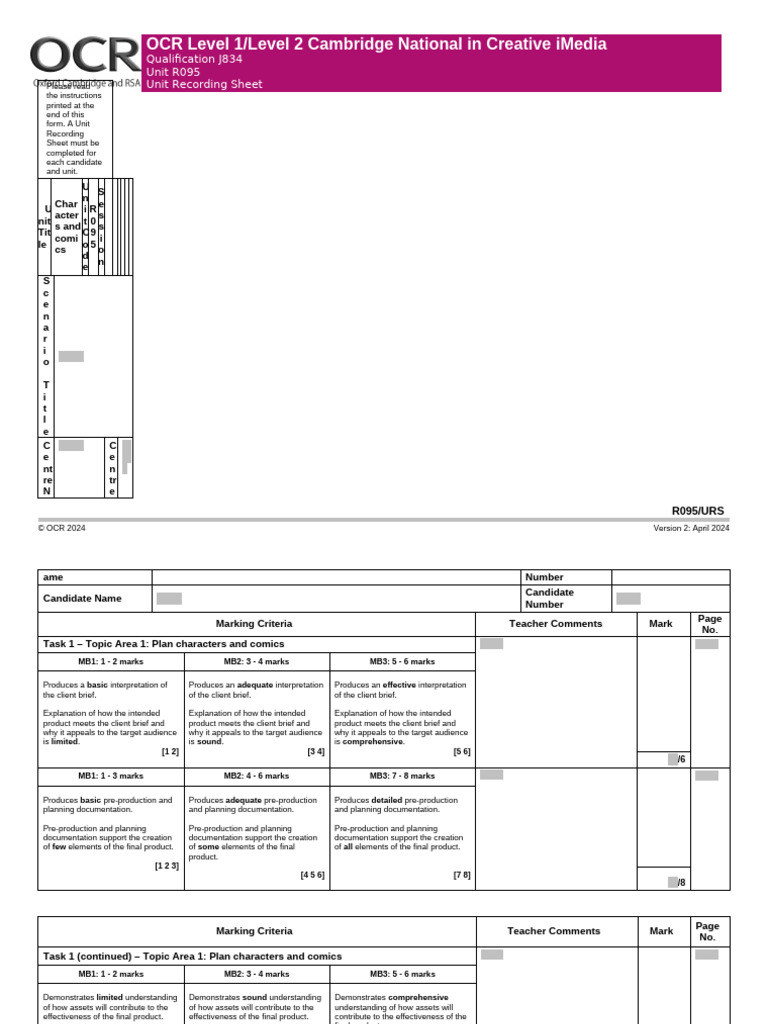 Unit Recording Sheet for R095 Comics | PDF