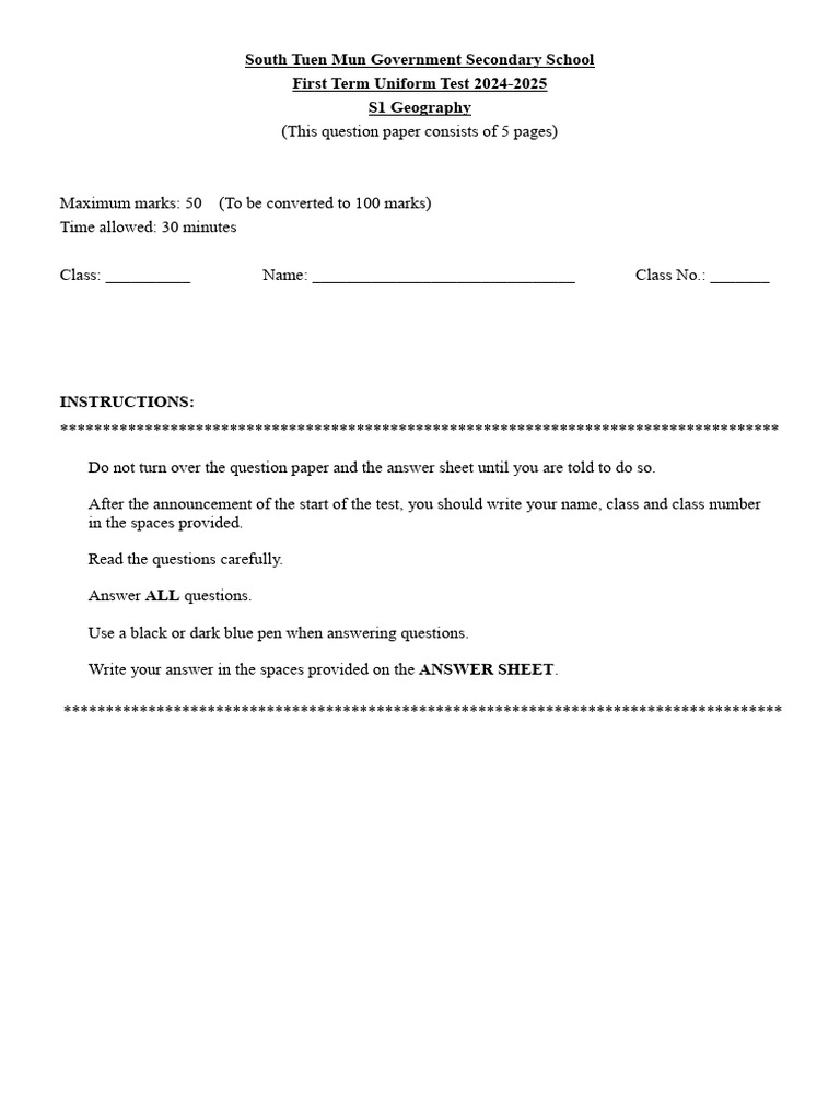 S1 Geography Uniform Test 2024-2025 | PDF