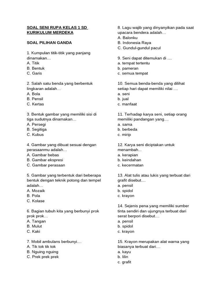 Soal Seni Rupa Kelas 1 SD Kurikulum Merdeka | PDF