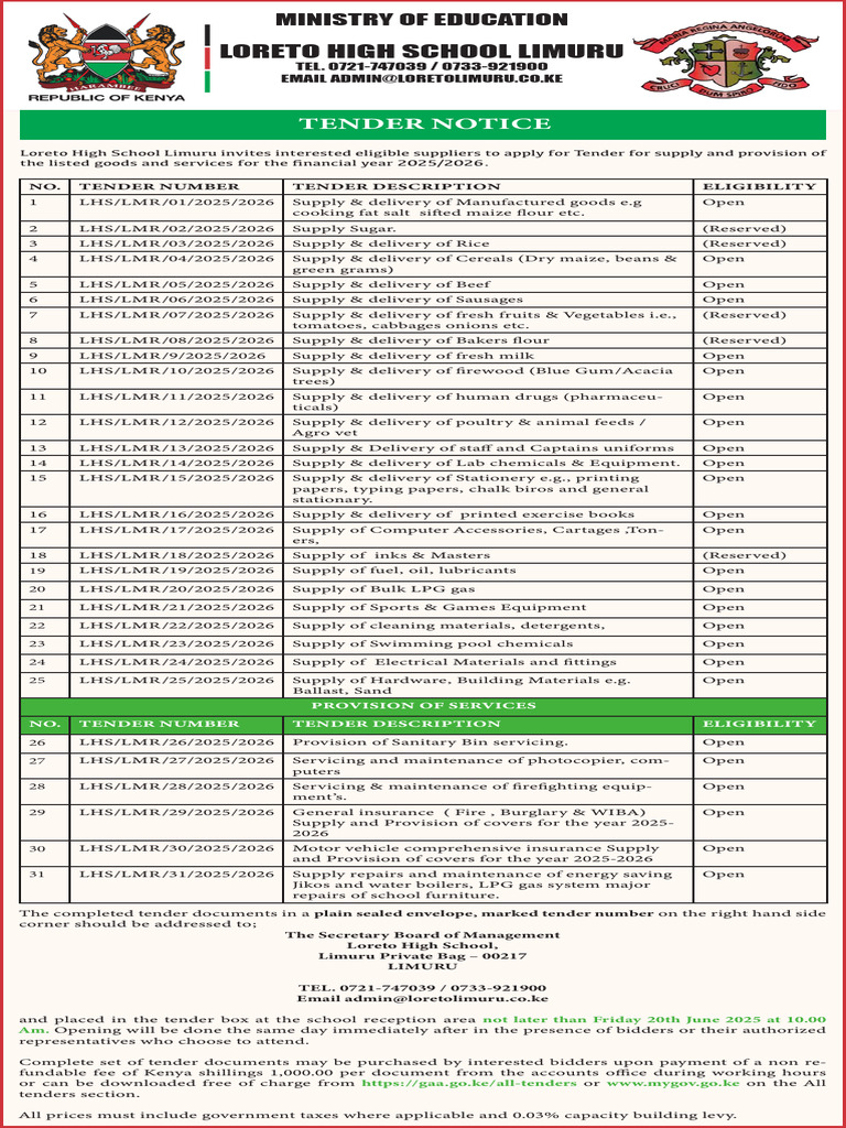 Loreto High School Limuru Advertisemenet Notice 2025 | PDF | Foods