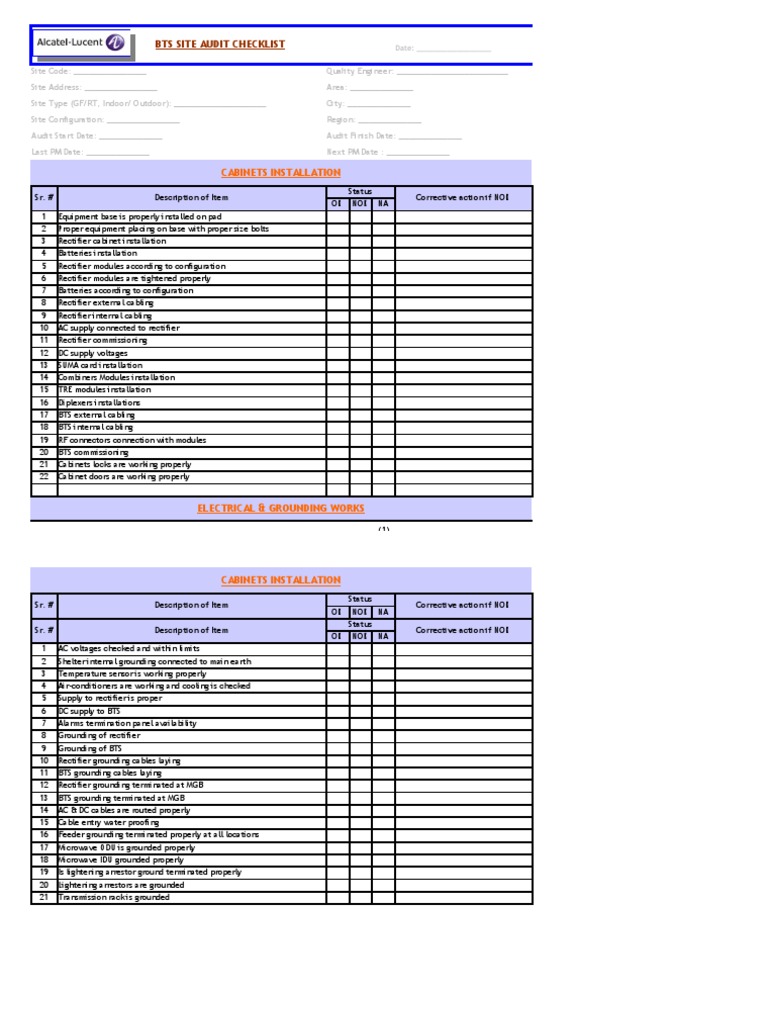 Bts Site Audit Checklist: Cabinets Installation | PDF