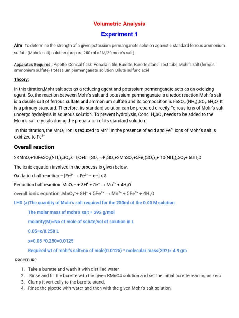 Experiment 1 - 2 Volumetric Analysis | PDF | Titration | Chemistry