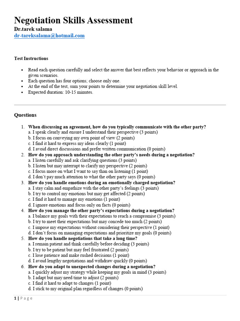 Negotiation Skills Assessment Test | PDF | Negotiation | Emotions