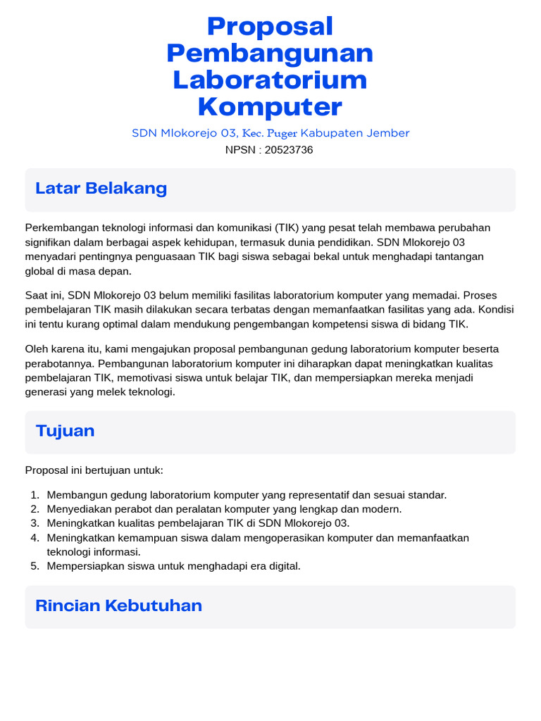 Proposal Pembangunan Laboratorium Komputer | PDF