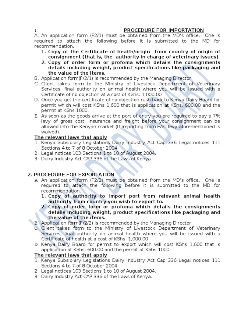 Kenya Dairy Import/Export Procedures | PDF | Exports | Dairy
