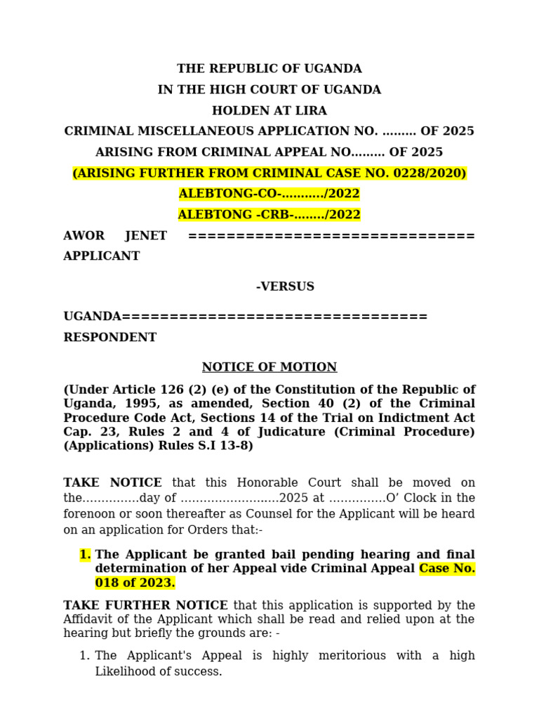 Bail Application - Awor Jenet | PDF | Affidavit | Bail