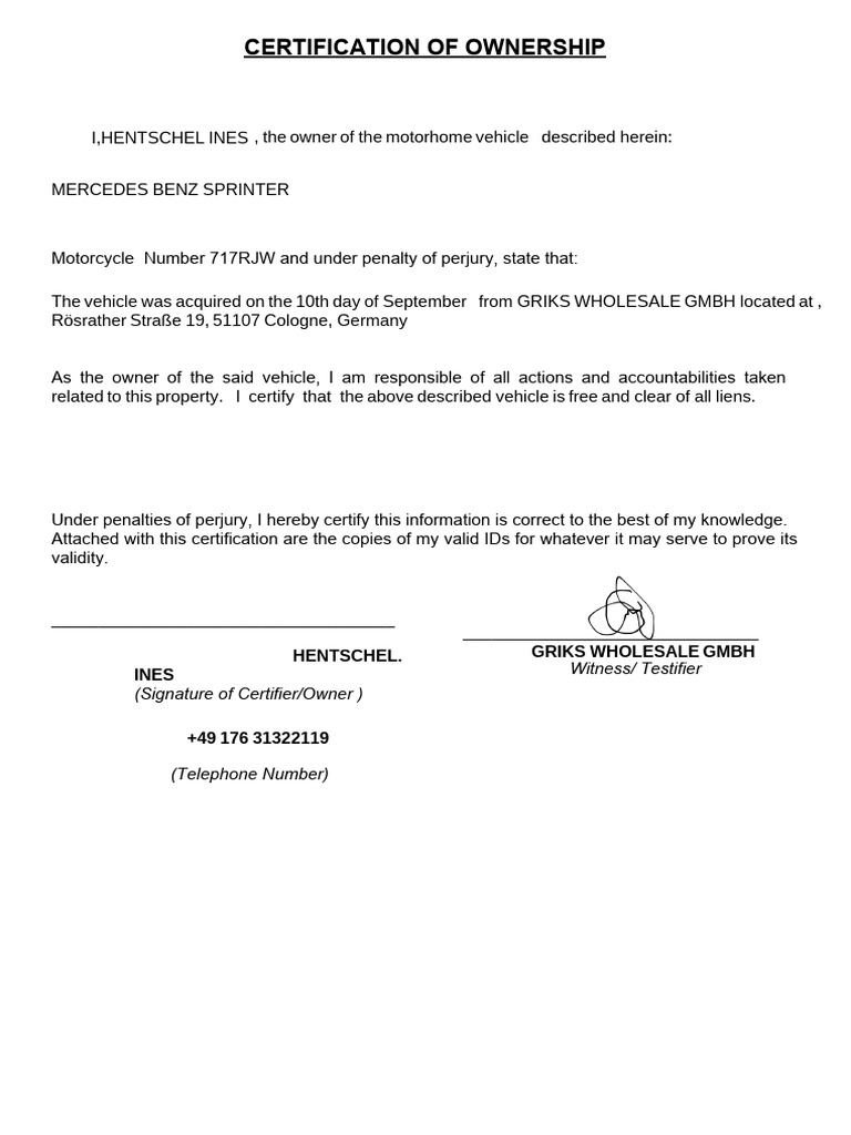 Certification of Ownership | PDF