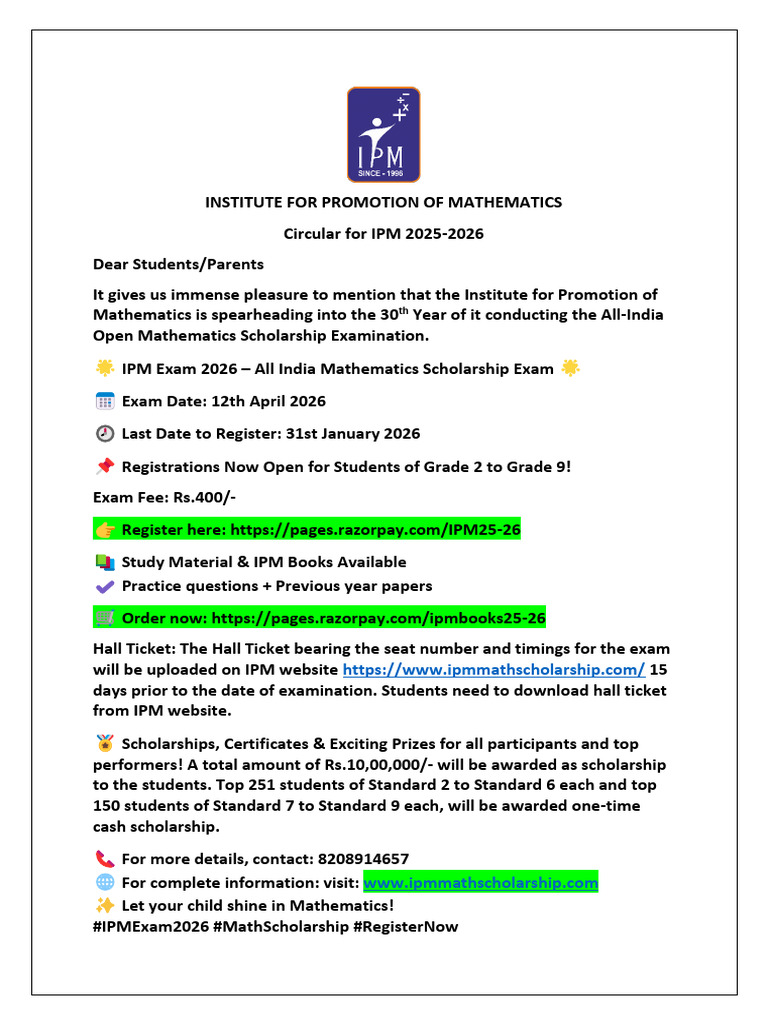 IPM 2026 Math Scholarship Exam Details | PDF