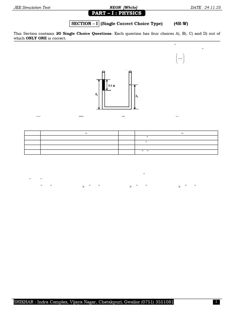 PCM Test Paper (White) (With Answers) 24.11.25 | PDF | Liquids ...