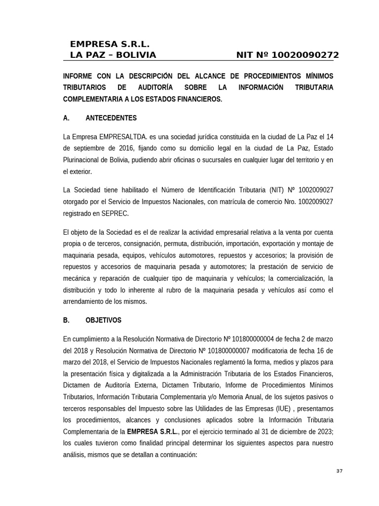 017 - Informe Procedimientos Minimos | PDF | Contabilidad | Estado financiero