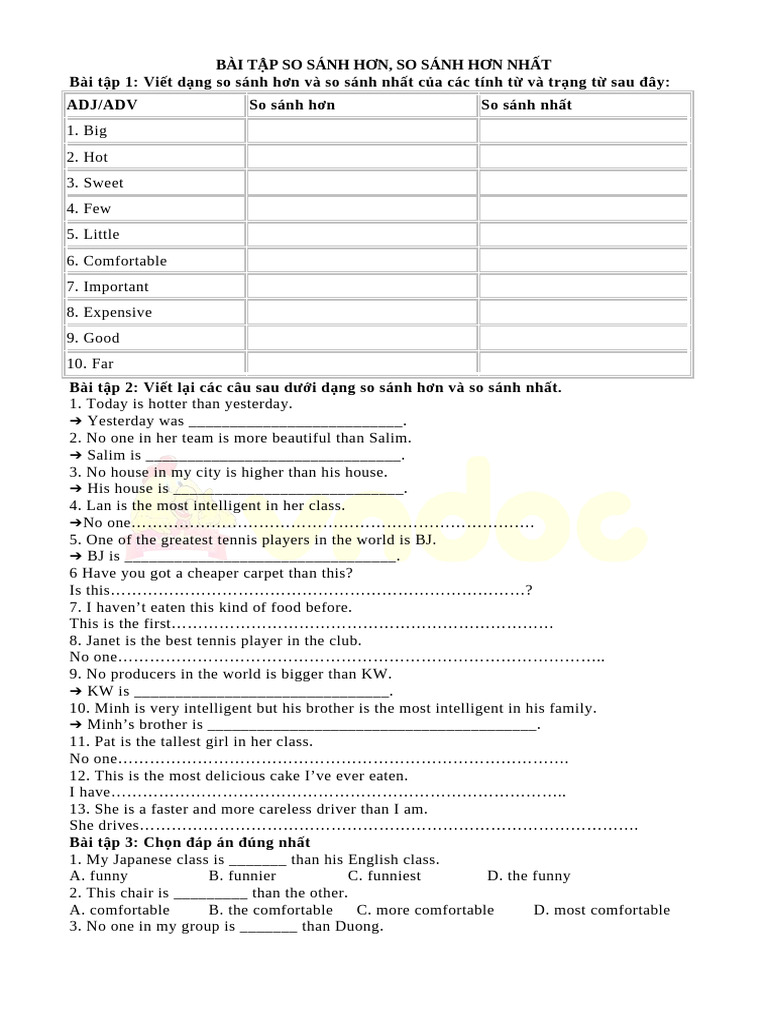 Bài Tập So Sánh Hơn và Nhất Tiếng Anh | PDF | Vietnam