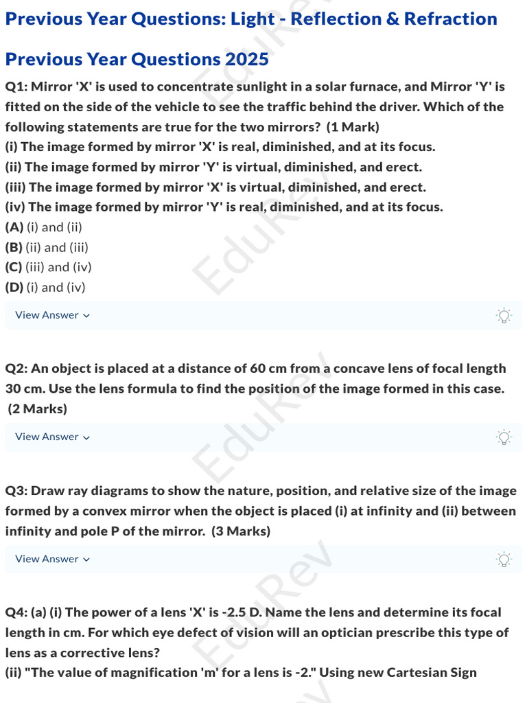 Class 10 - Previous Year Questions - Light - Reflection & Refraction ...