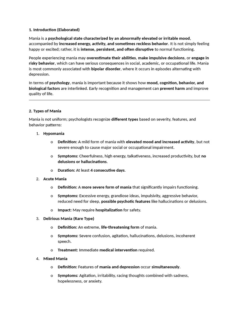 Understanding Types of Mania in Psychology | PDF