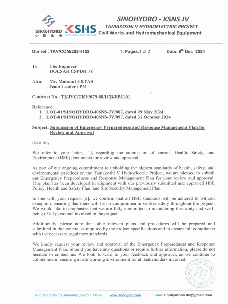 152-Submission of Emergency Preparedness and Response Management Plan ...