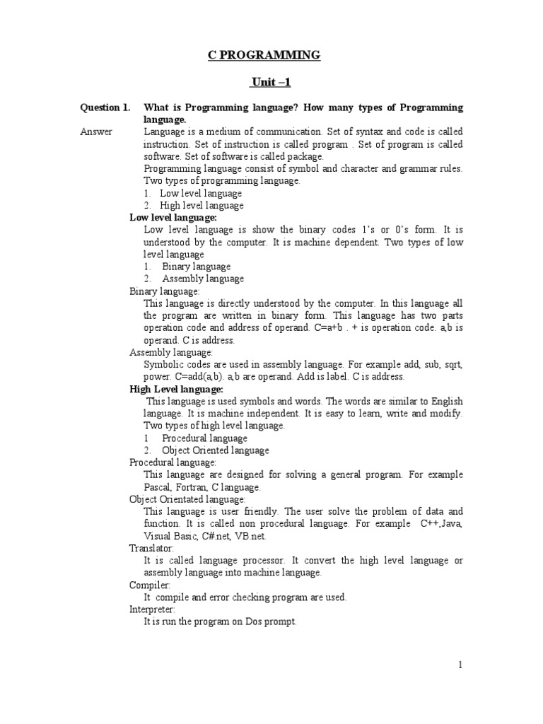 C Programming Unit 1 What Is Programming Language How Many Types Of Programming Language