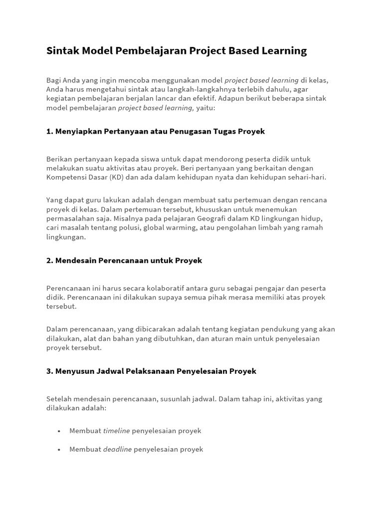 Sintak Model Pembelajaran Project Based Learning | PDF