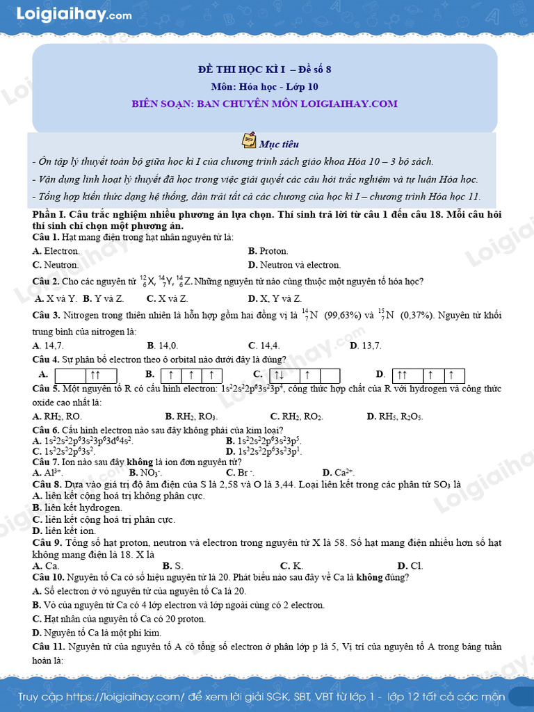 De Thi Hoc Ki 1 Hoa 10 Chan Troi Sang Tao de So 8 1732178078 | PDF