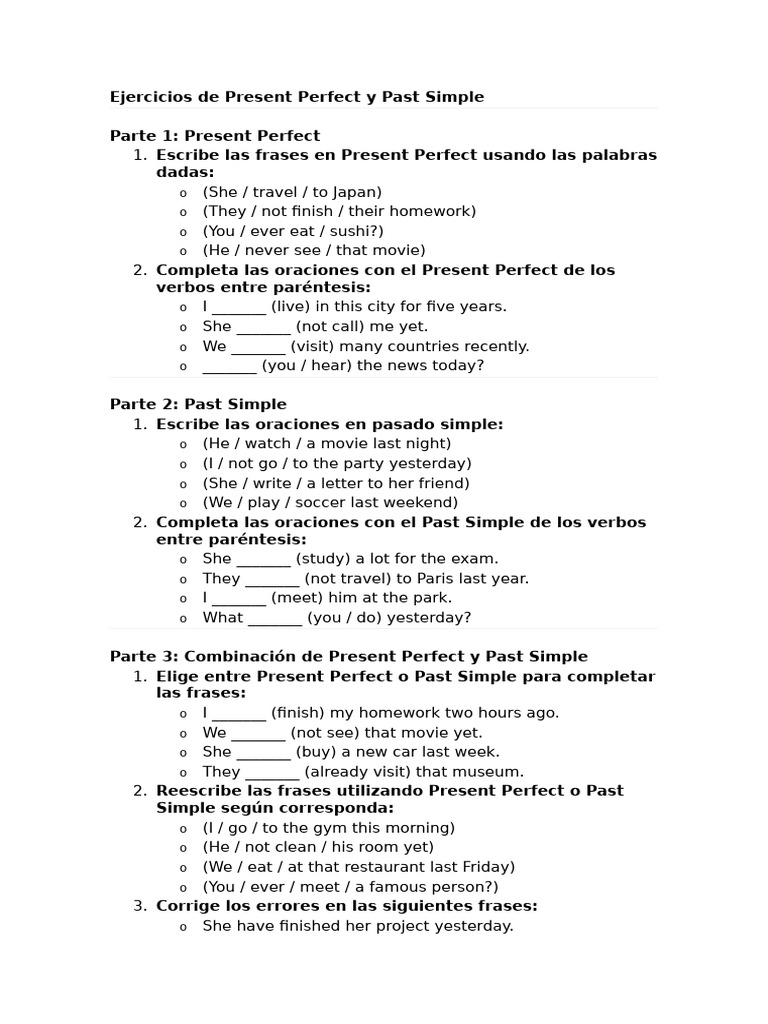 Ejercicios de Present Perfect y Past Simple | PDF | Grammar | Linguistics