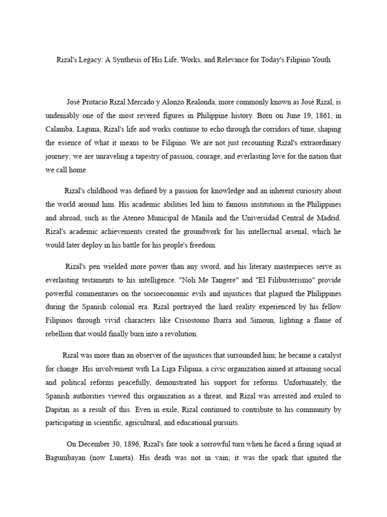 Rizal's Legacy- A Synthesis of His Life, Works, And Relevance for Today's Filipino Youth | PDF