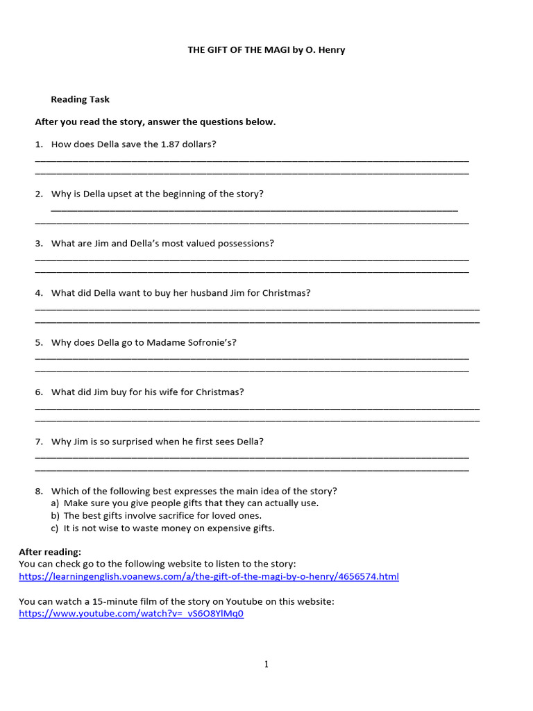 The Gift of the Magi - Worksheet | PDF