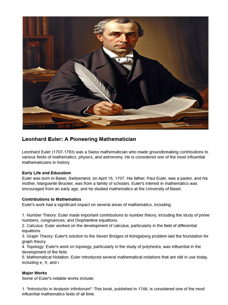 Leonhard Euler - A Pioneering Mathematician | PDF | Leonhard Euler ...