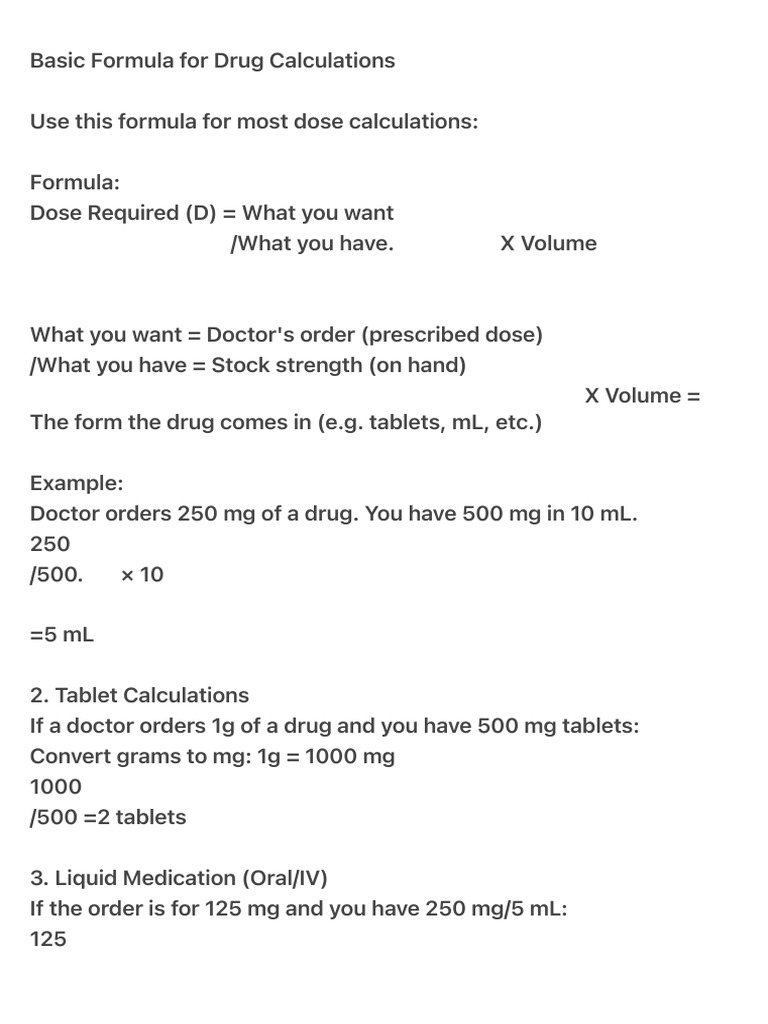 Basic Formula For Drug Calculations | PDF | Dose (Biochemistry) | Chemistry