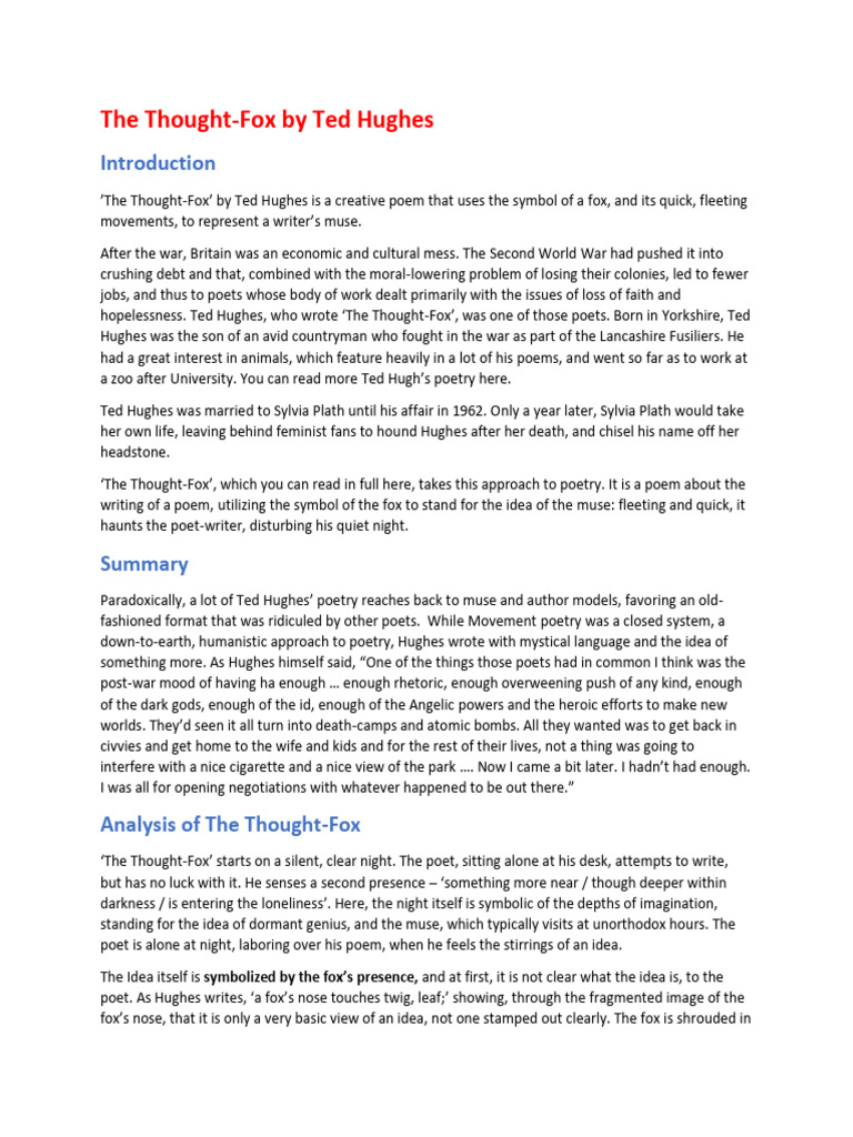 The Thought-Fox by Ted Hughes | PDF