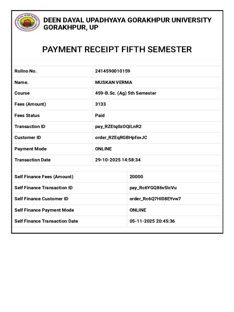 Gorakhpur University Payment Receipt | PDF