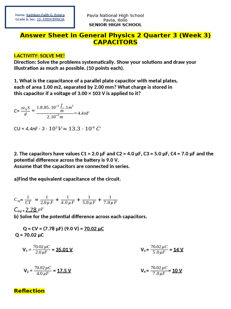 Week 3 Answer Sheet in Gen Physics 2 3rd Quarter - Capacitors | PDF ...