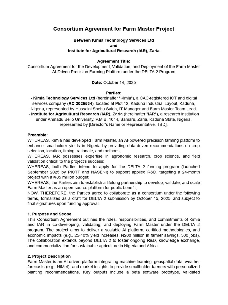 Consortium Agreement for Farm Master Project - KTS LTD + IAR | PDF | Artificial Intelligence ...