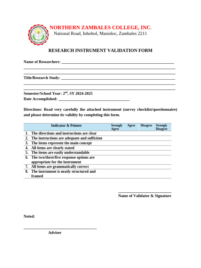 Research Instrument Validation Form | PDF