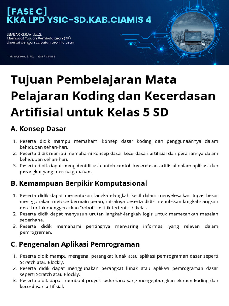 Tujuan Pembelajaran Mata Pelajaran Koding Dan Kecerdasan Artifisial Untuk Kelas 5 SD | PDF