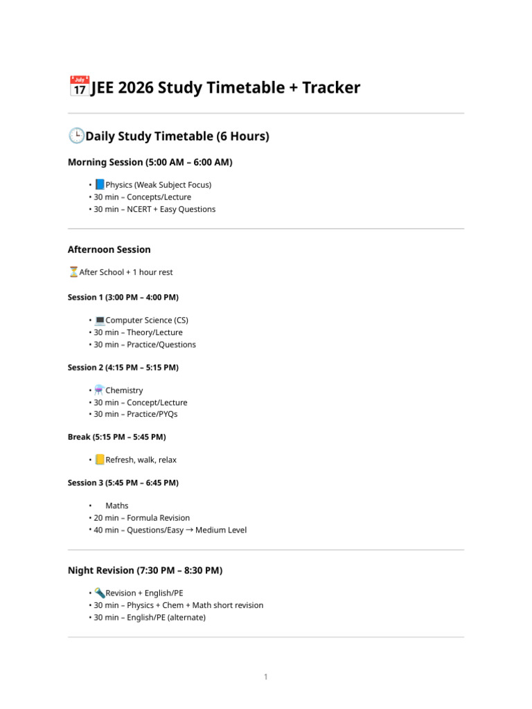 Jee 2026 Study Timetable + Tracker | PDF