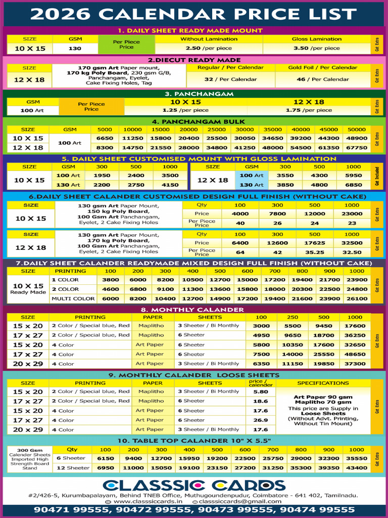 05 Calendar 2026 Price List | PDF
