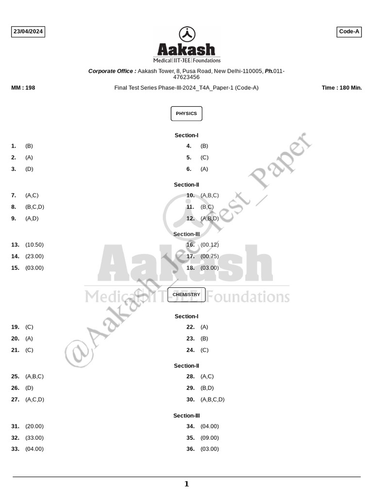 FTS Phase III 2024 Test 4A Paper 1 Code a 23-04-2024 Sol Watermark ...