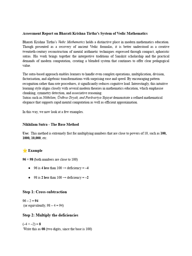 Assessment Report On Bharati Krishna Tirtha's System of Vedic ...