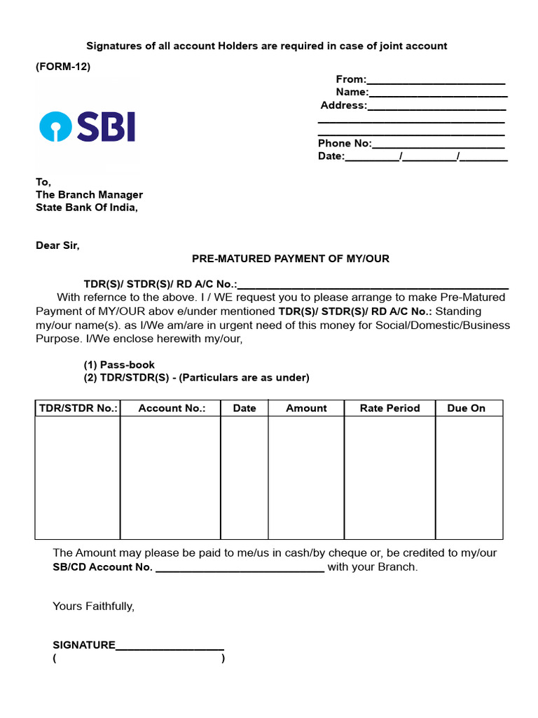 Sbi Pre Mature Form | PDF